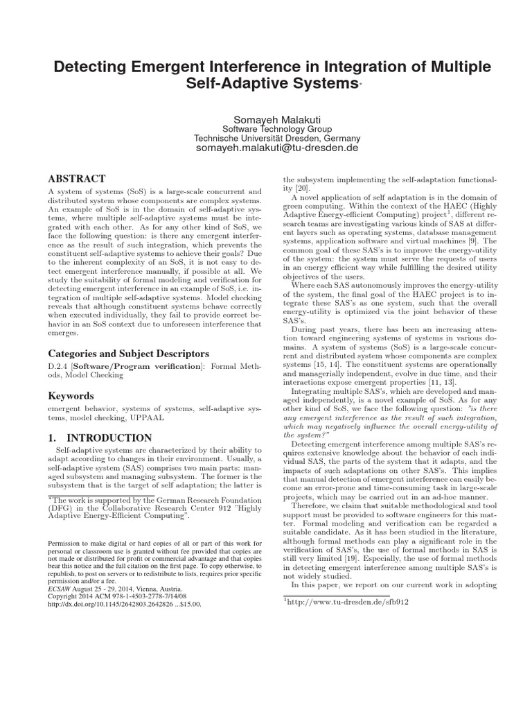 Detecting Emergent Interference in Integration of Multiple Self-Adaptive Systems | PDF | System ...