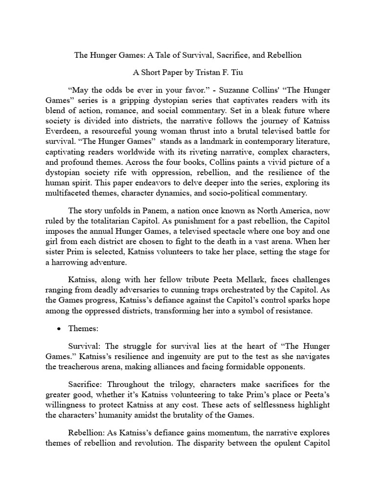 The Hunger Games by Suzanne Collins, Short Paper by Tristan F. Tiu STEM ... The Hunger Games by Suzanne Collins, Short Paper by Tristan F. Tiu STEM ...