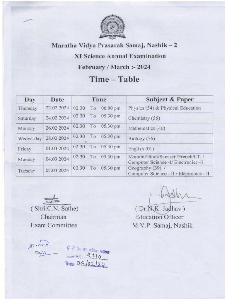Annual Exam Time Table XI Science 2024 | PDF