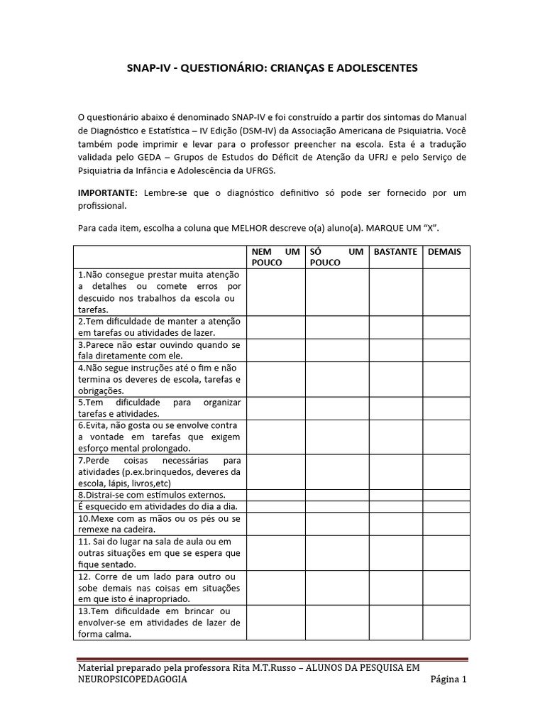 Escala - Snap-IV TDAH - Contexto Escolar | PDF | Transtorno de déficit ...
