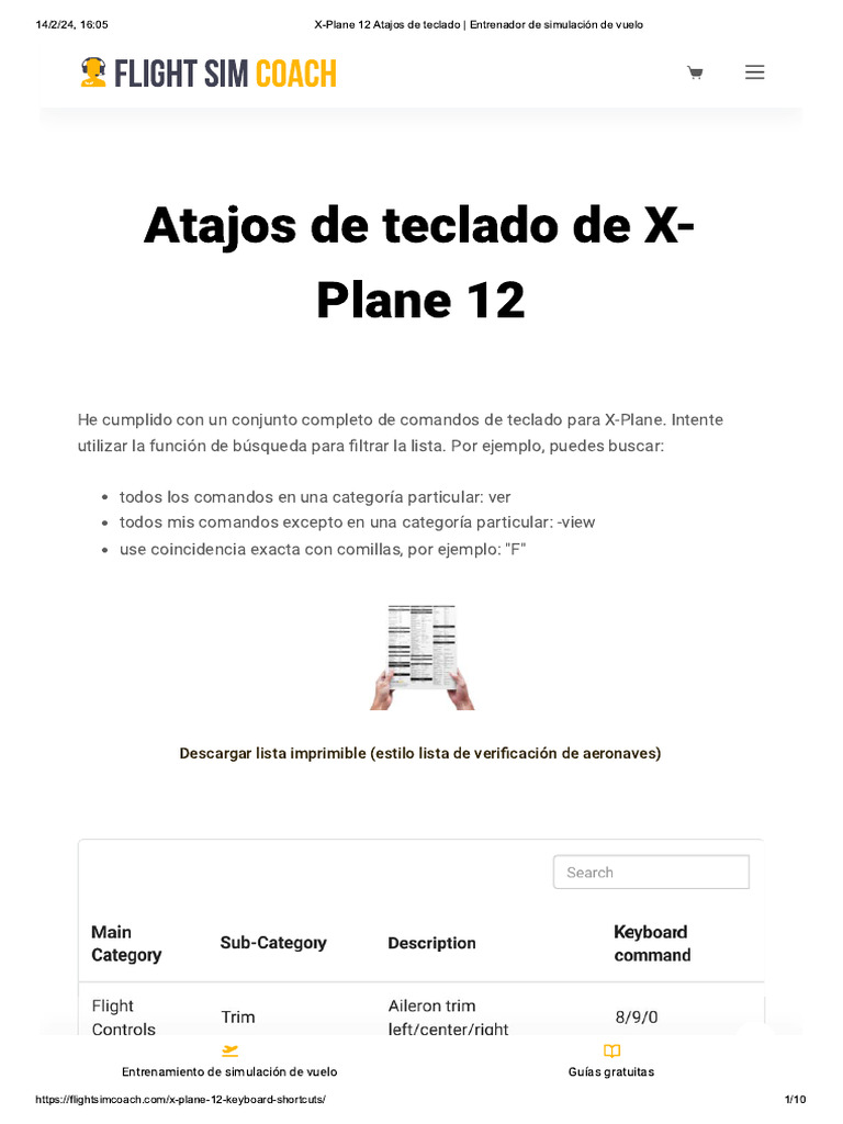 X-Plane 12 Atajos de Teclado - Entrenador de Simulación de Vuelo | PDF