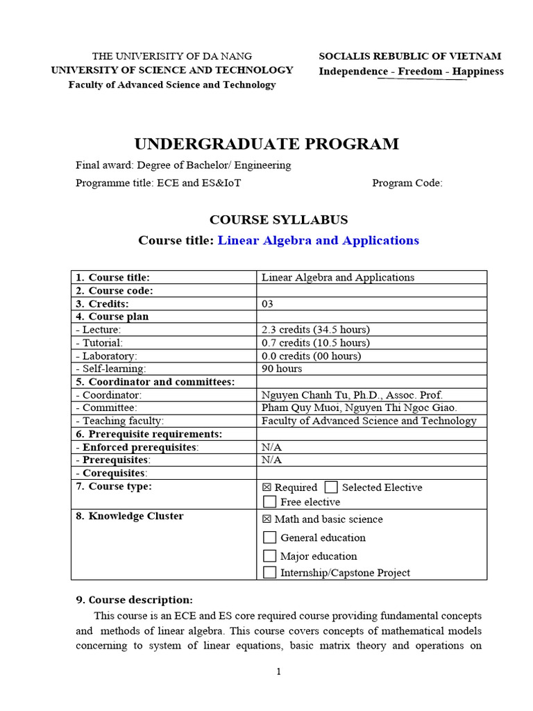 Undergraduate Program: Course Syllabus Course Title | PDF | Eigenvalues And Eigenvectors ...
