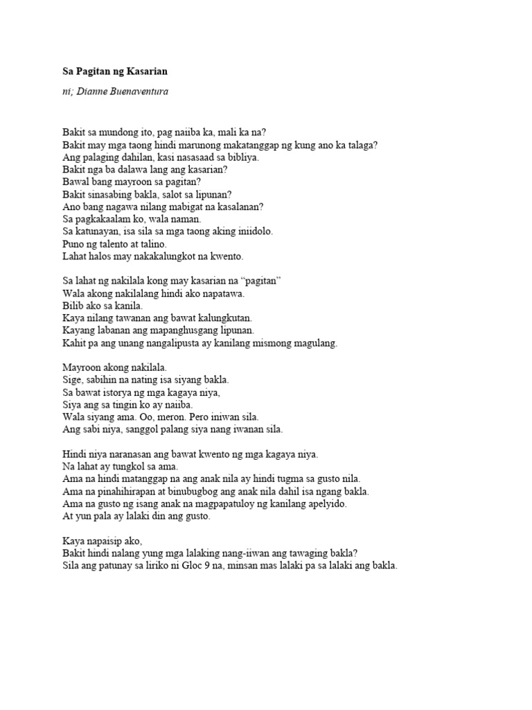 Sa Pagitan NG Kasarian - Sabayang Bigkas Piece | PDF