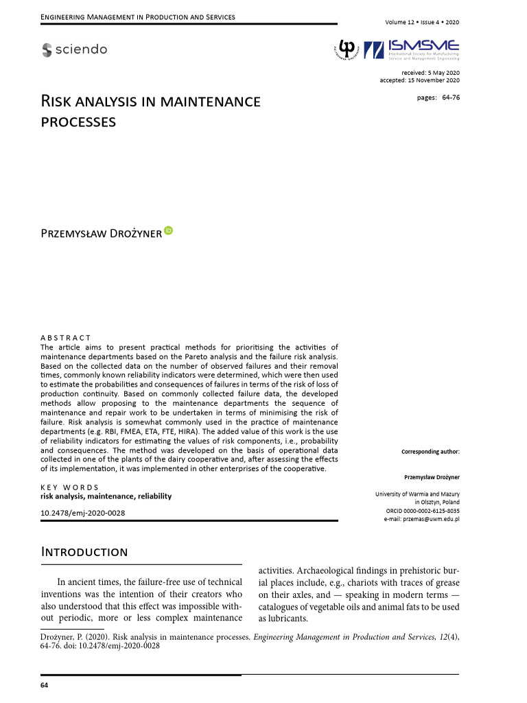 Risk Analysis in Maintenance Processes | PDF | Risk | Reliability ...