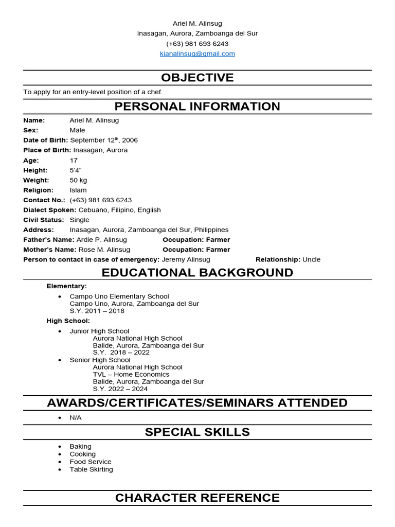 Entry-Level Chef Resume - Ariel Alinsug | PDF