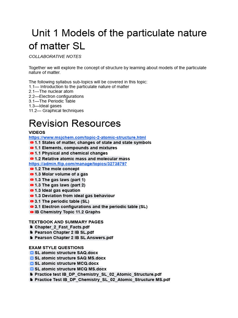 Unit 1 Collaborative Notes - Models of The Particulate Nature of Matter ...