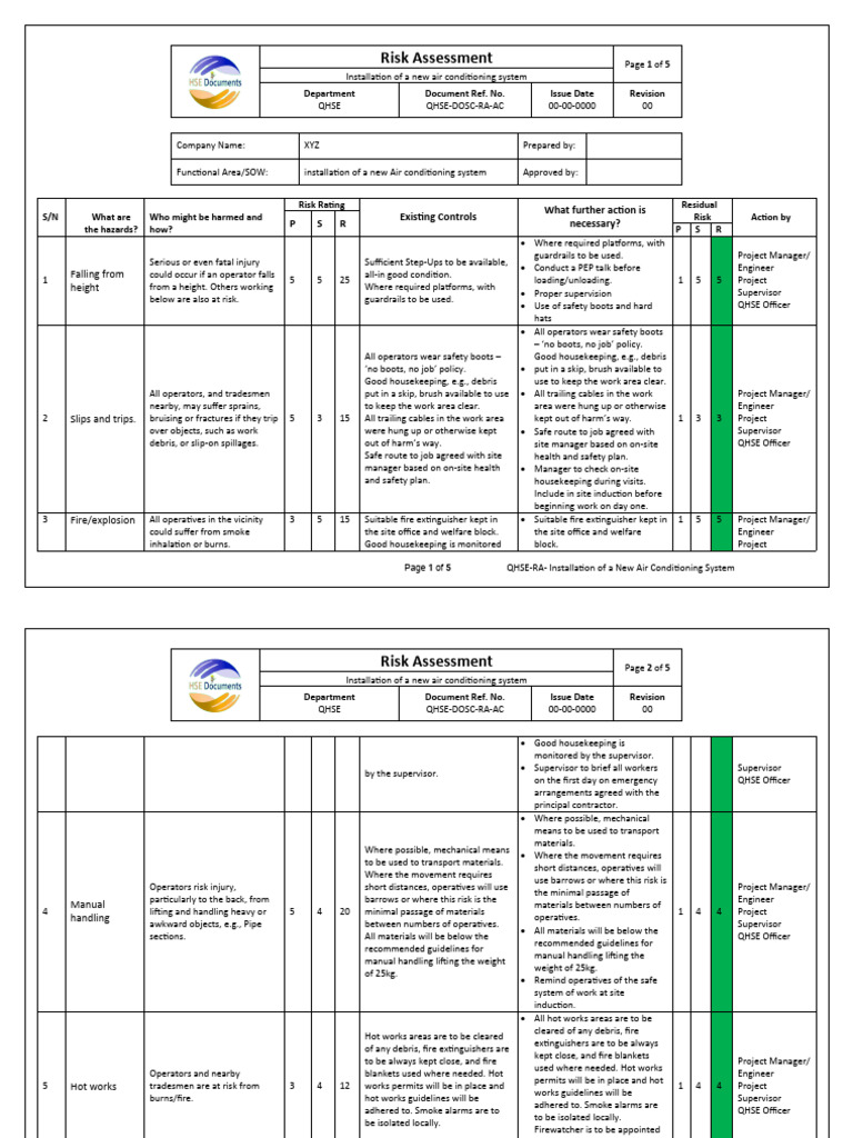 Risk Assessment For Installation of A New Air Conditioning System | PDF ...