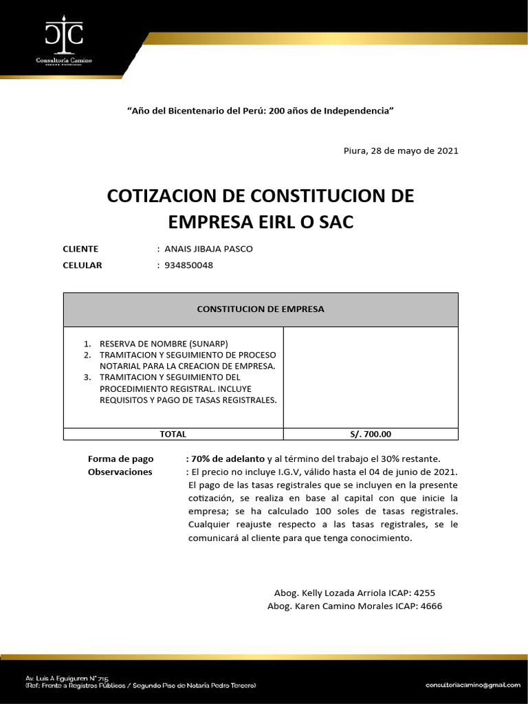 Cotización CONSTITUCION DE EMPRESA | PDF