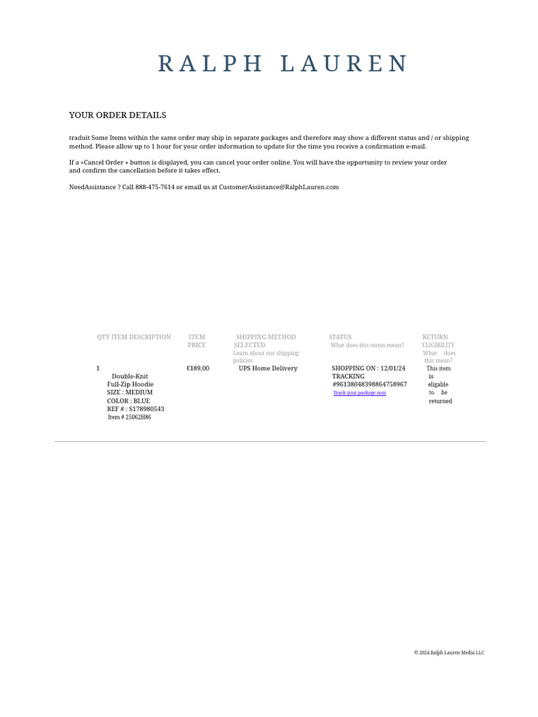 Facture Veste Ralph Lauren | PDF