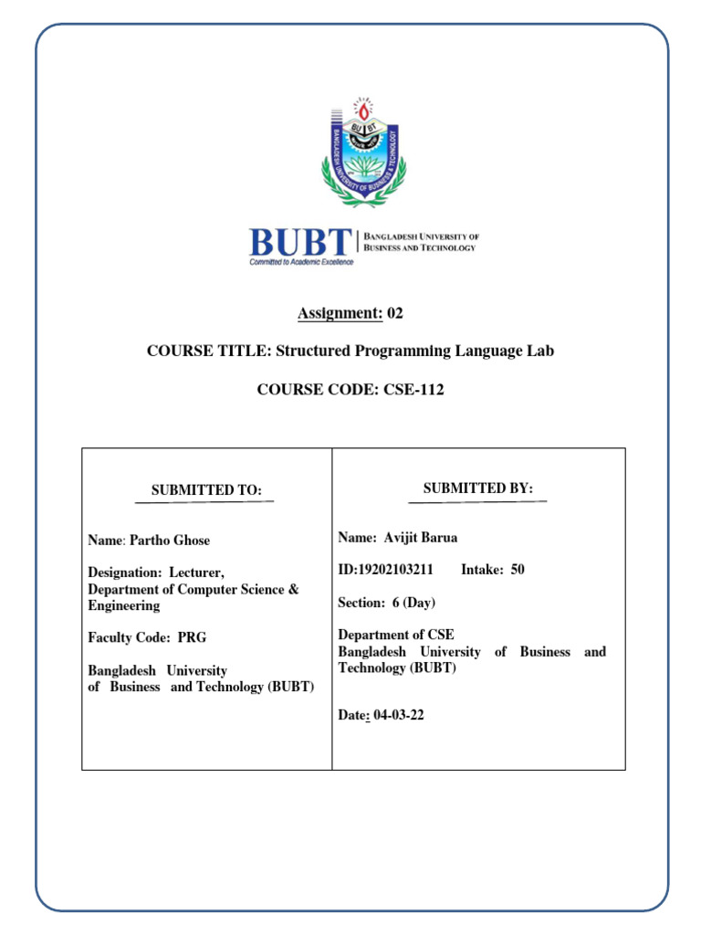 Assignment: 02 COURSE TITLE: Structured Programming Language Lab Course Code: Cse-112 | PDF