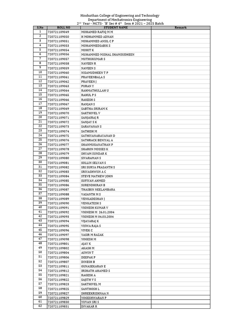 Name - List - MCT - B - Sec - 2021 - 2025 - 2nd Year - 4th - Sem - Assignment | PDF
