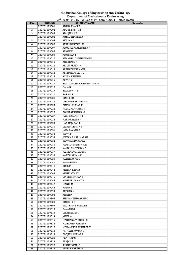 Name - List - MCT - A - Sec - 2021 - 2025 - 2nd Year - 4th - Sem - Final | PDF