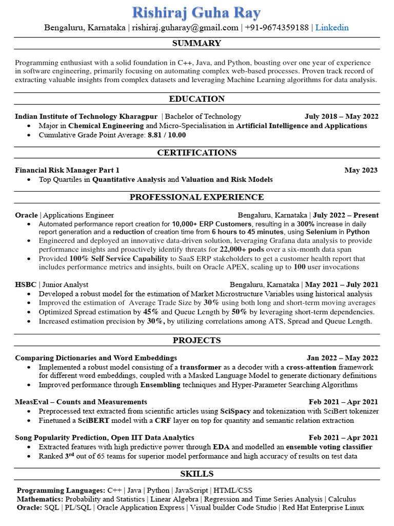 Rishiraj Guha Ray Resume | Download Free PDF | Data Analysis | Statistics