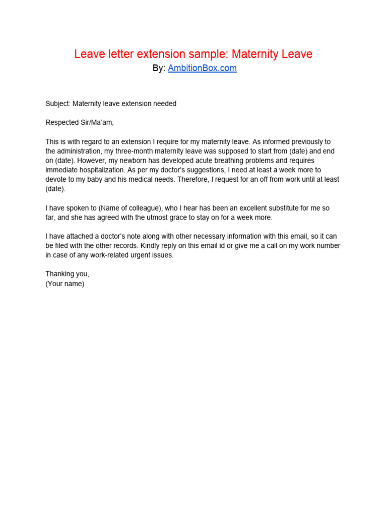 Leave Letter Extension Sample - Maternity Leave | PDF