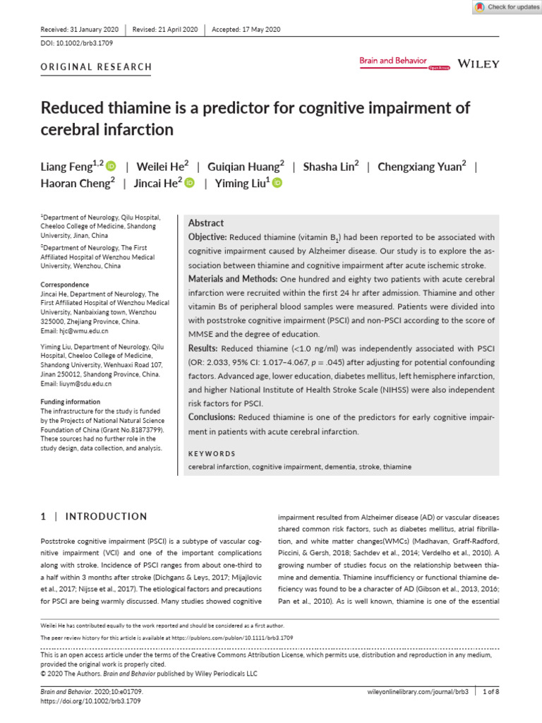 Brain and Behavior - 2020 - Feng - Reduced Thiamine Is A Predictor For Cognitive Impairment of ...