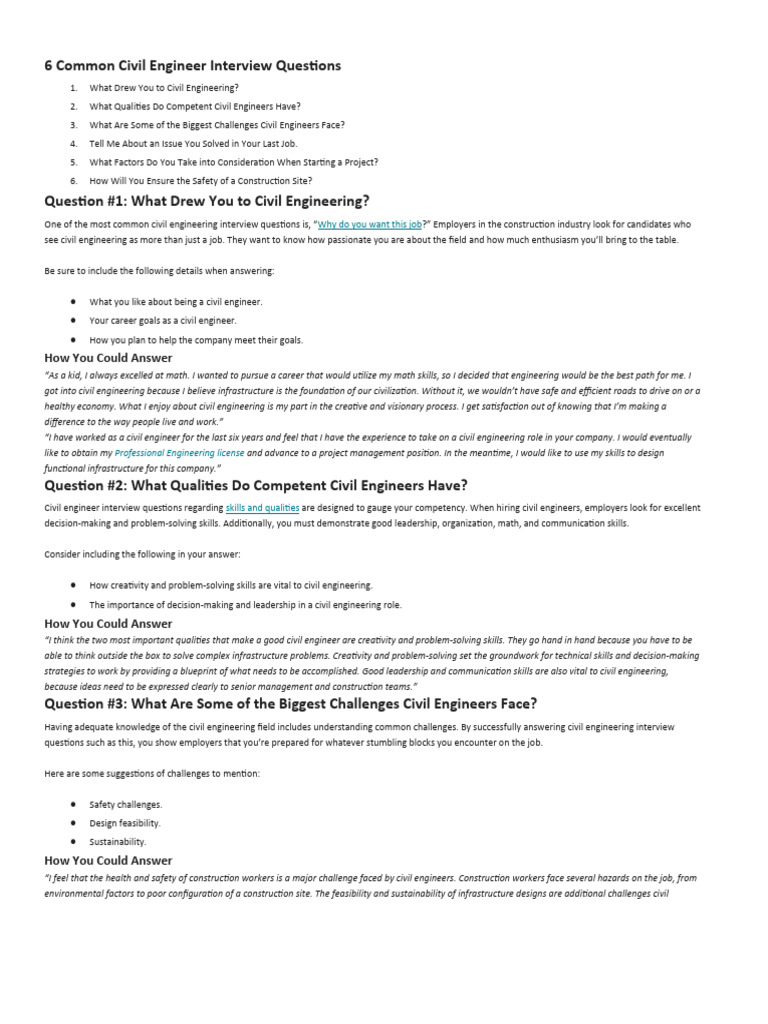 Common Civil Engineer Interview Questions | PDF | Engineering | Creativity