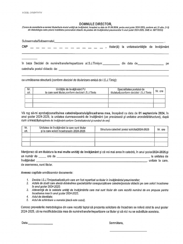 Cerere Incadrare 2024-2025 | PDF