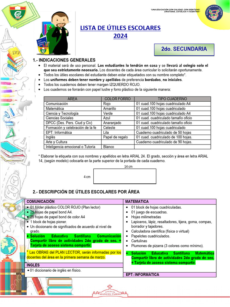 Listas de Utiles 2o Sec 2024 | PDF