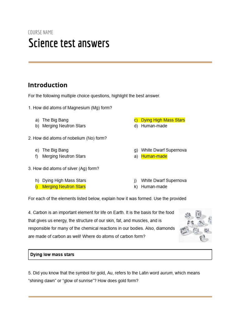 Science Test Answers | PDF