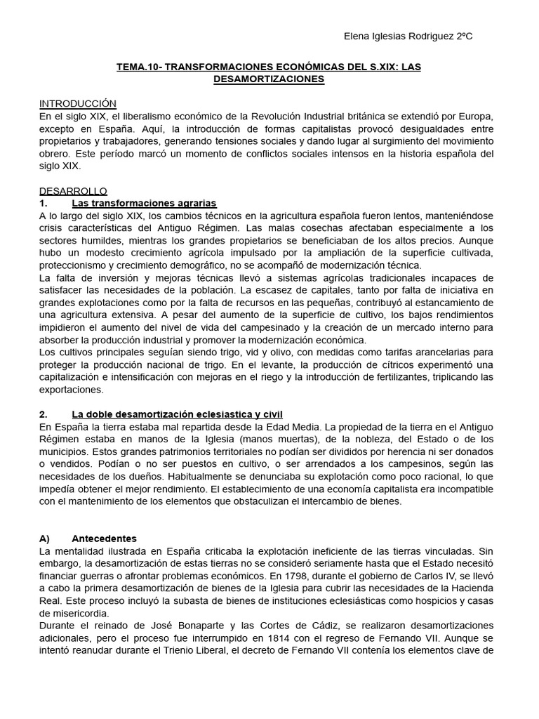 Resumen T.10 - Transformaciones Económicas Del S.xix - Las Desamorticaziones | PDF | Agricultura ...