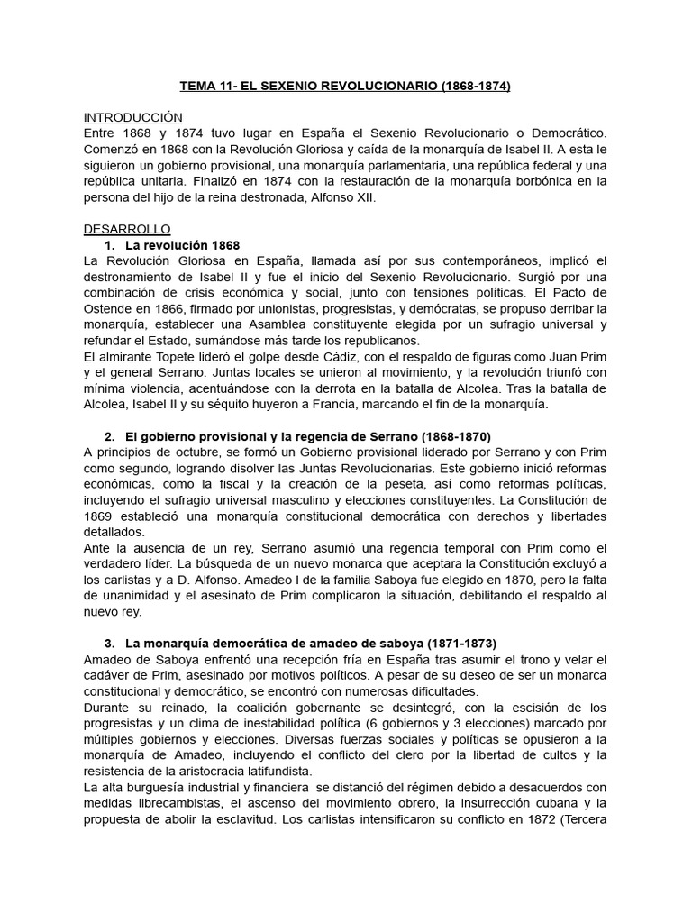Resumen T.11 - El Sexenio Revolucionario (1868-1874) | PDF | Teorías políticas | Política de españa