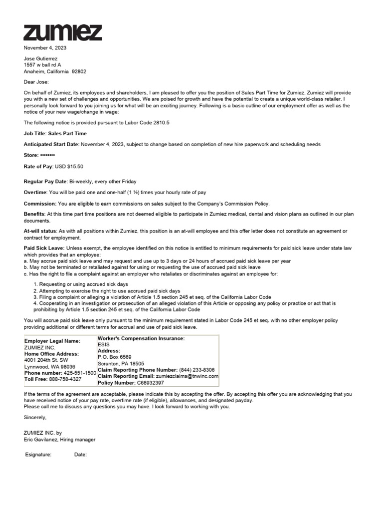 Offer Letter | PDF | Employment | Sick Leave