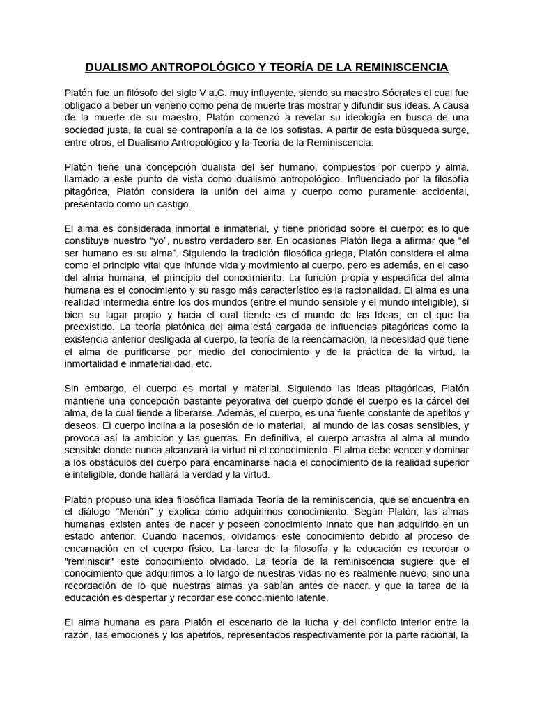 Dualismo Antropológico en Platón | PDF | Platón | Alma