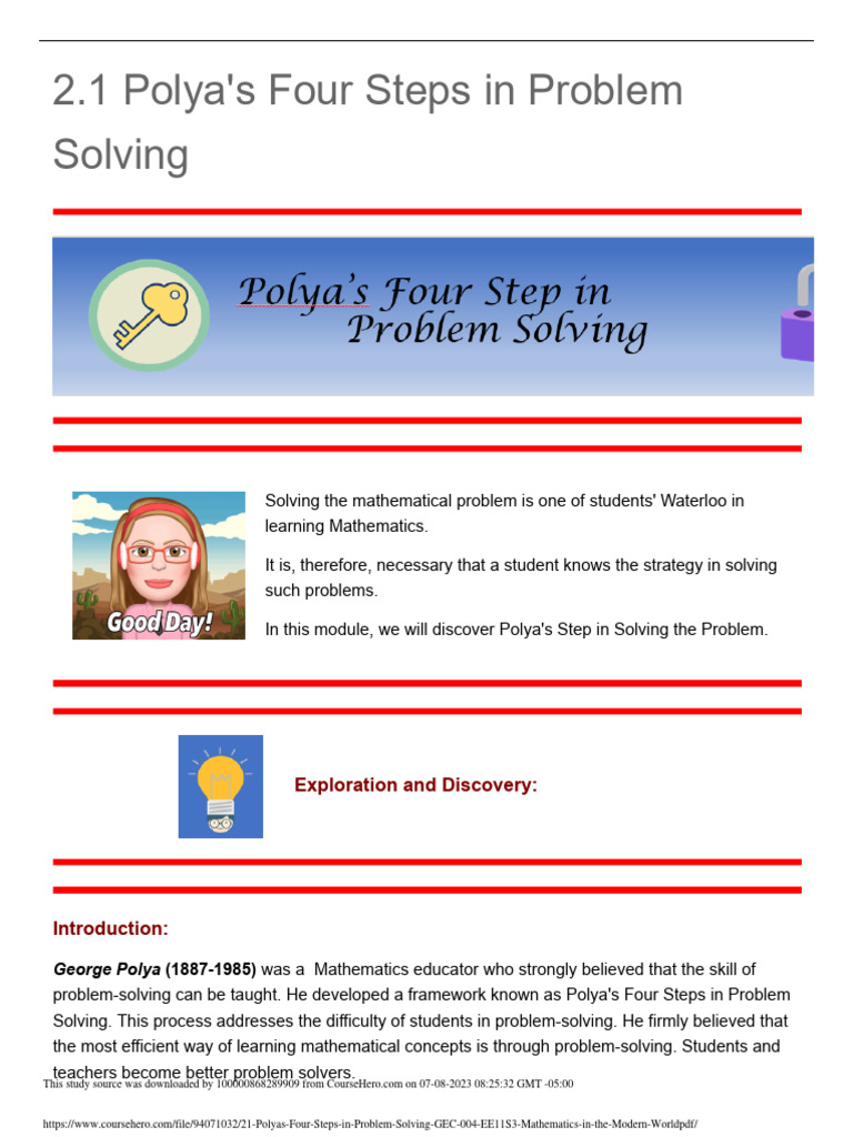2.1 Polya S Four Steps in Problem Solving GEC 004 EE11S3 Mathematics in The Modern World PDF ...