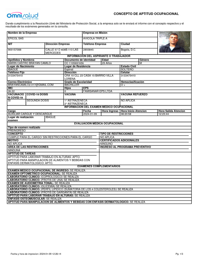 Examen Medico Ocupacional De Ingreso Pdf Seguridad Alimenticia