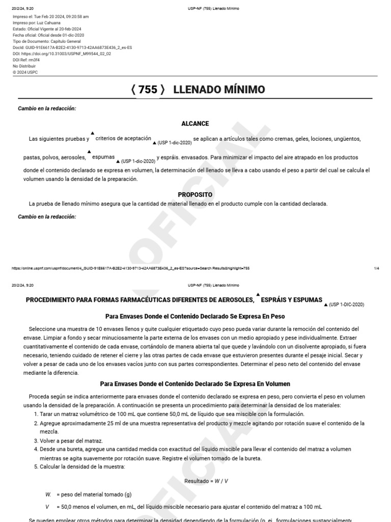 USP-NF 755 Llenado Mínimo | PDF | Densidad | Volumen