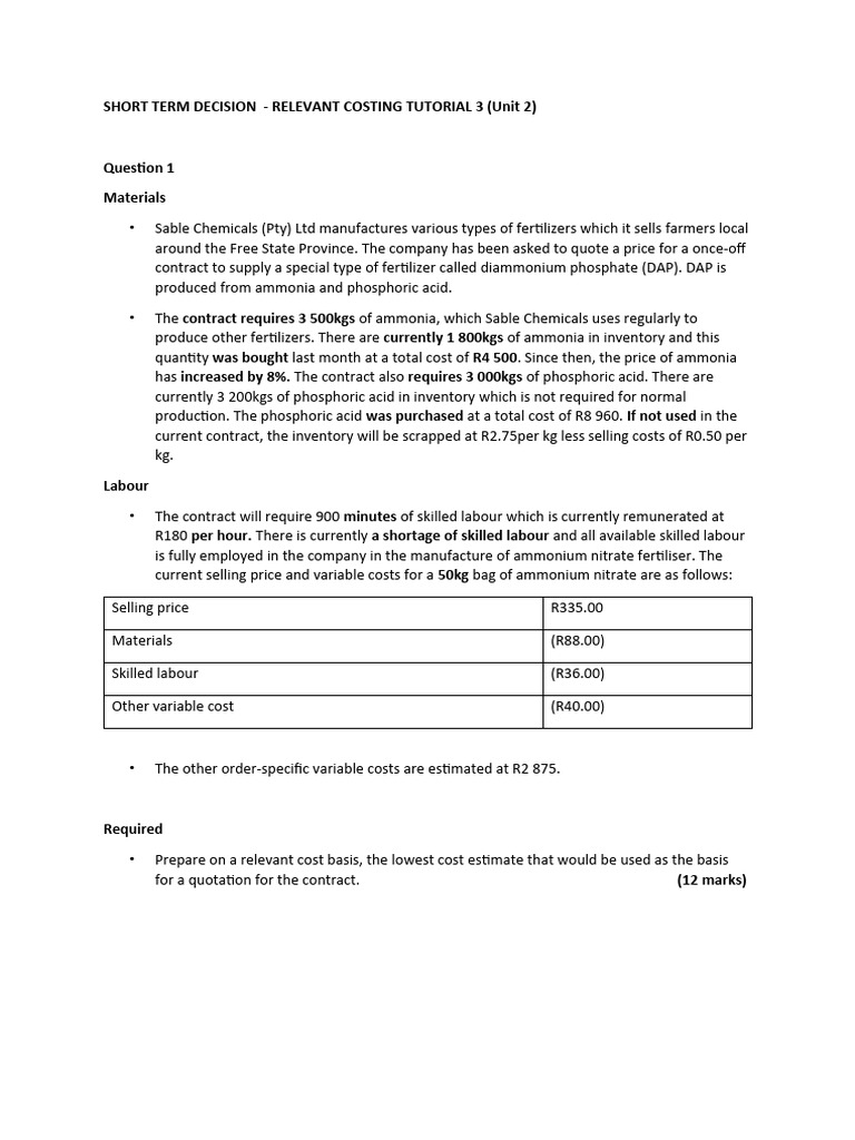 Tutorial Unit 2 Relevant Costing Questions | PDF | Fertilizer | Business