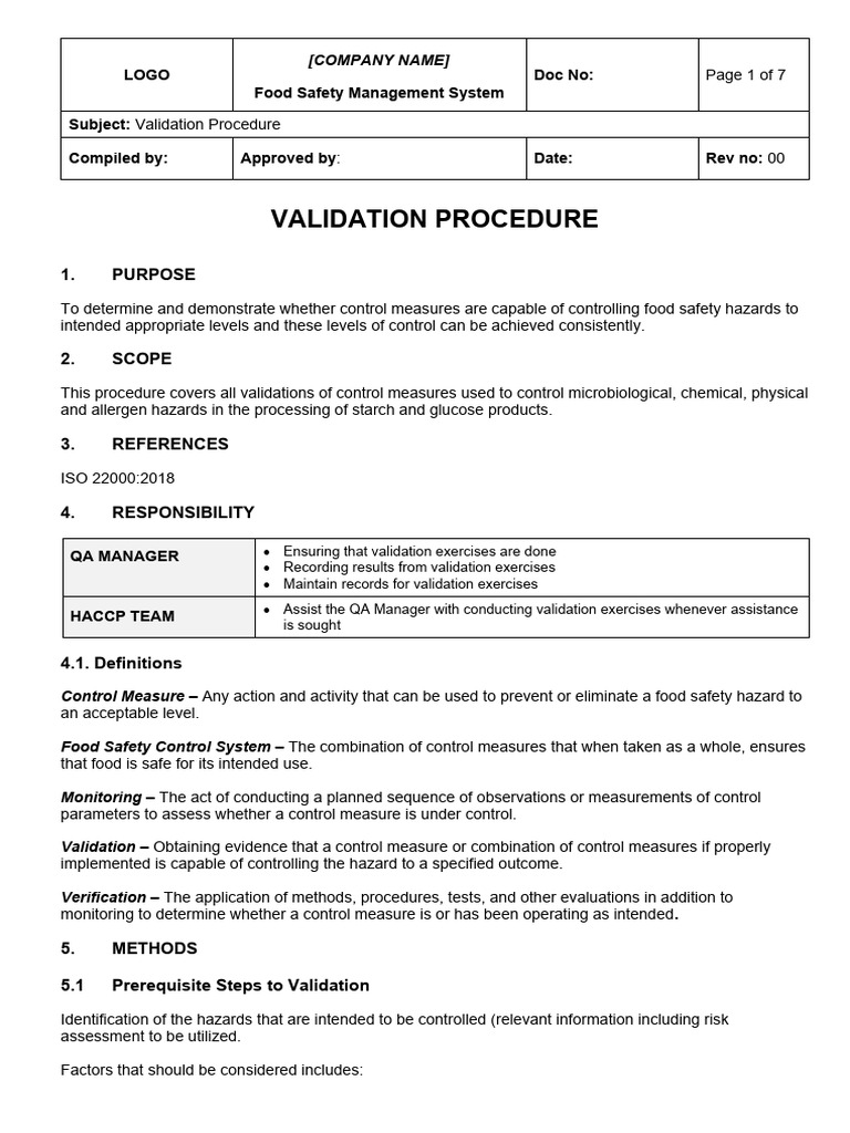 Food Safety Validation Procedure Guide | PDF | Verification And ...