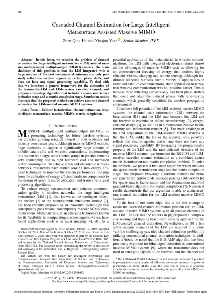 Cascaded Channel Estimation For Large Intelligent Metasurface Assisted Massive MIMO | PDF | Mimo ...