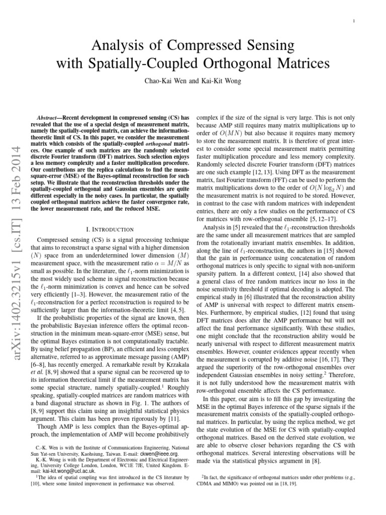 Analysis Of Compressed Sensing With Spatially Coupled Orthogonal Matrices Pdf Matrix