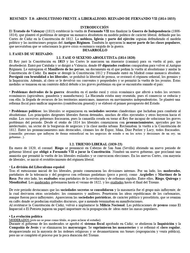 Resumen Tema 8. Reinado de Fernando VII | PDF | España | Gobierno de españa
