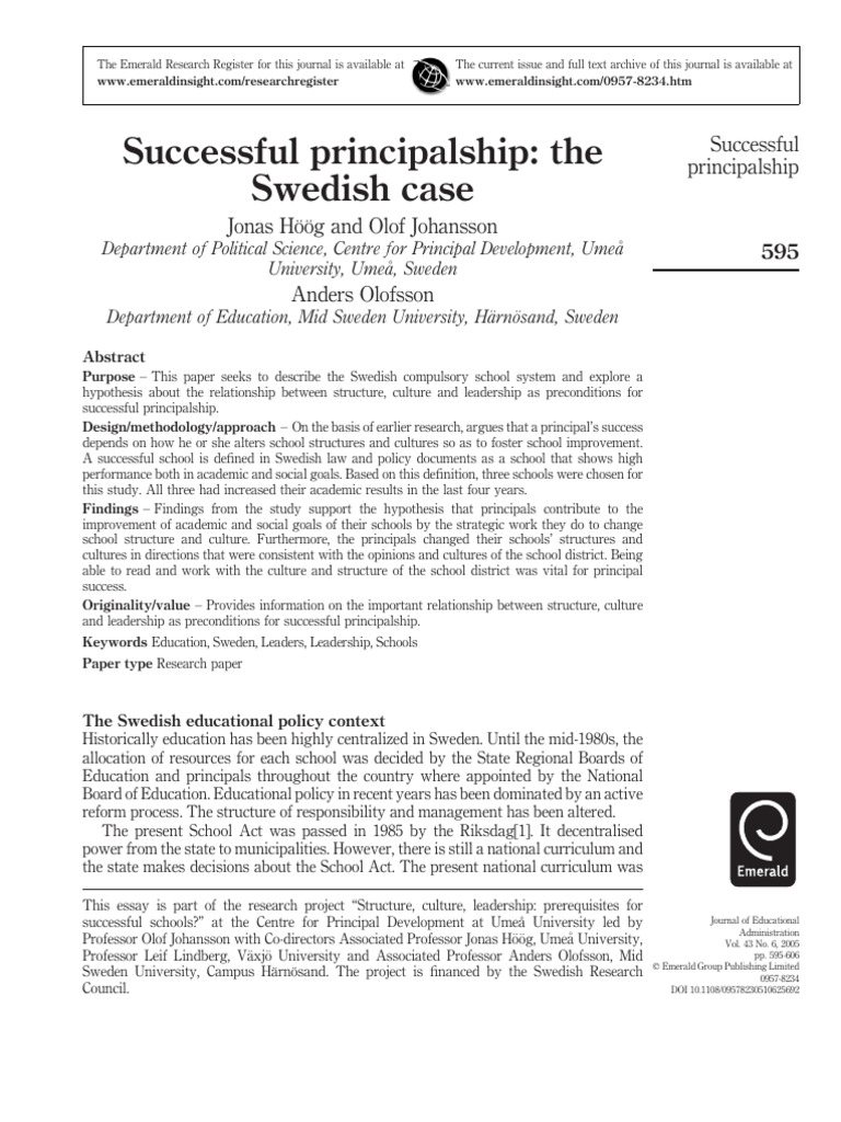 Swedish Principalship Success Factors | PDF | Teachers | Leadership