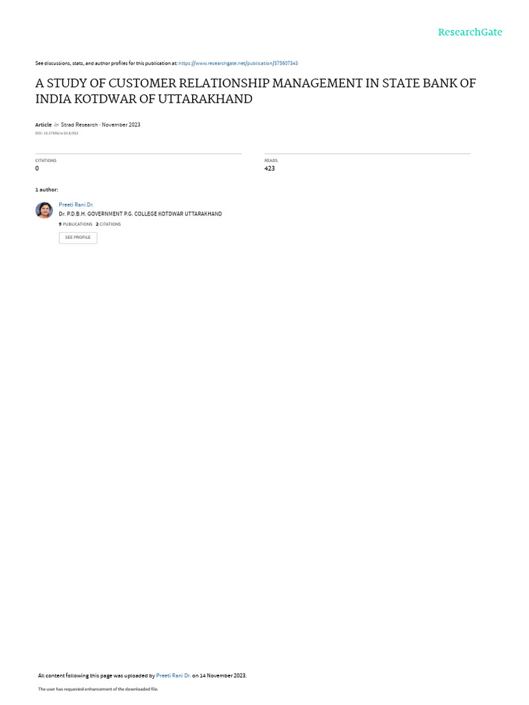 A Study of Customer Relationship Management in State Bank of India Kotdwar of Uttarakhand ...
