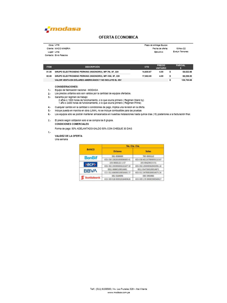 Cotizacion - Maco Minera y Construciones SA | PDF
