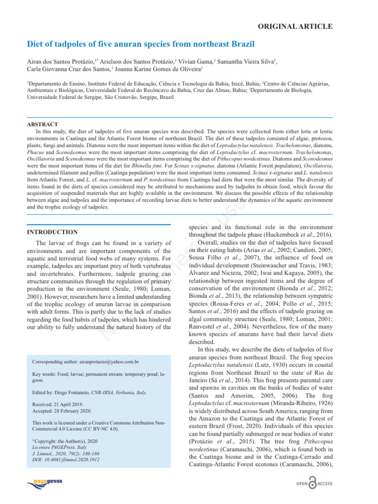 Diet of Tadpoles of Five Anuran Species From Northeast Brazil | PDF ...