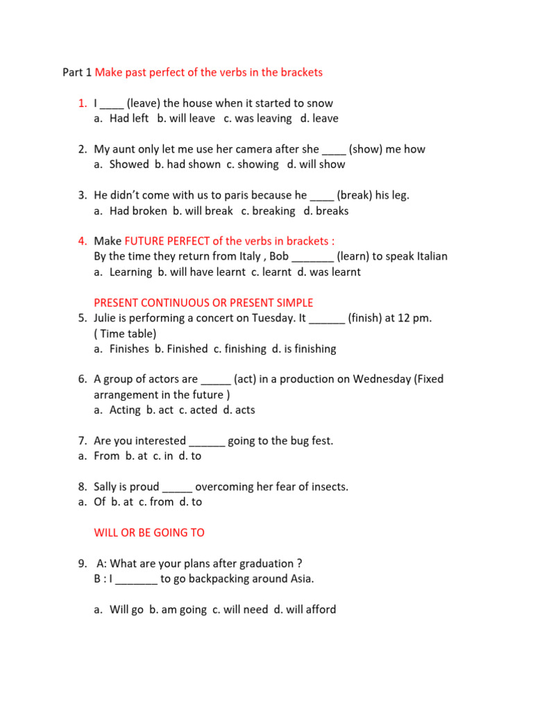 Part 1 Make Past Perfect of The Verbs in The Brackets | PDF | Language Families | Syntax