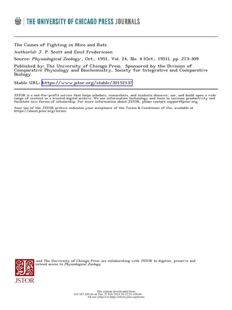 Scott CausesFightingMice 1951 | PDF | Aggression | Mouse