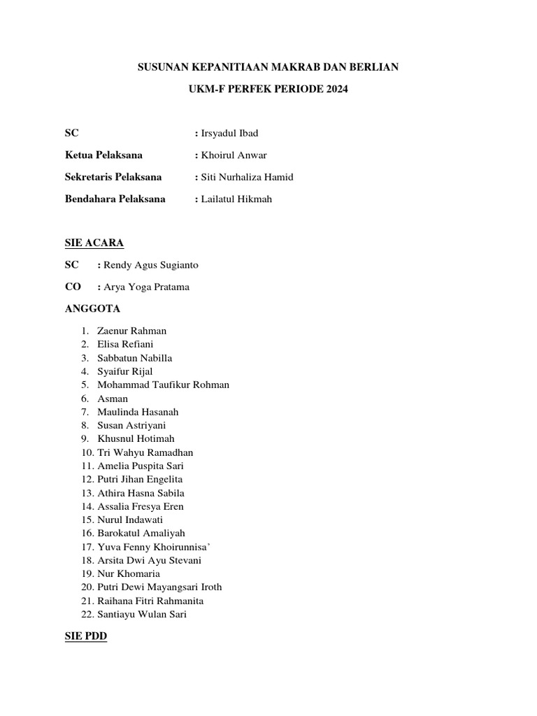 Susunan Kepanitian Makrab X Berlian 2024 | PDF