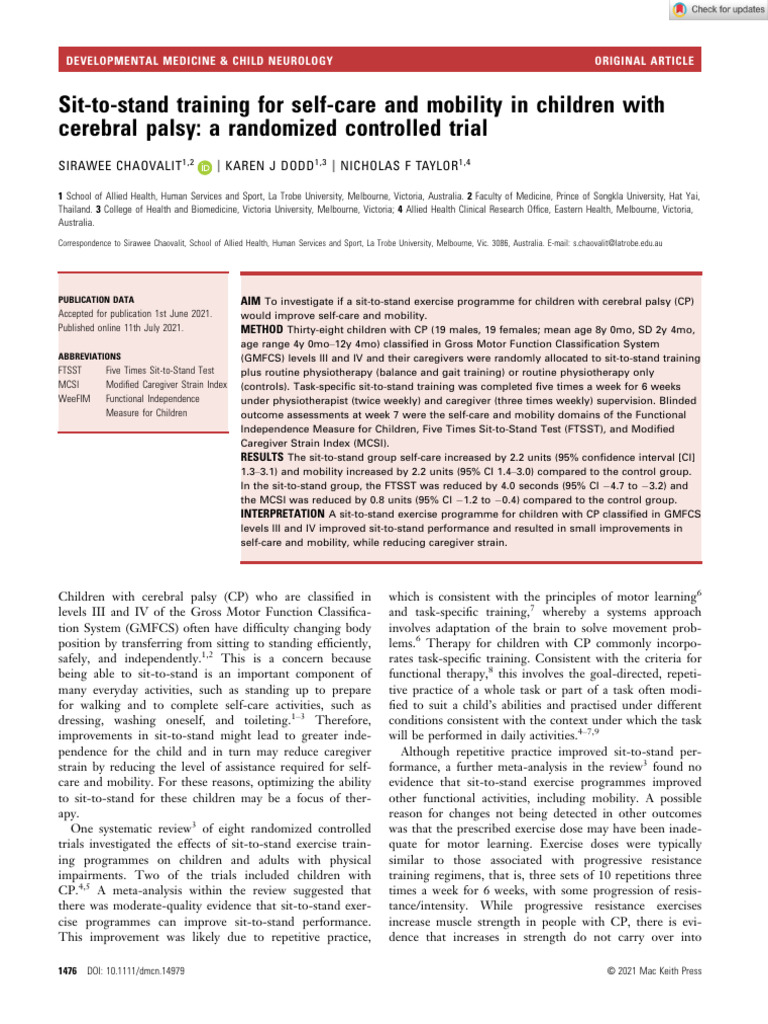 Develop Med Child Neuro - 2021 - Chaovalit - Sit‐to‐Stand Training for ...
