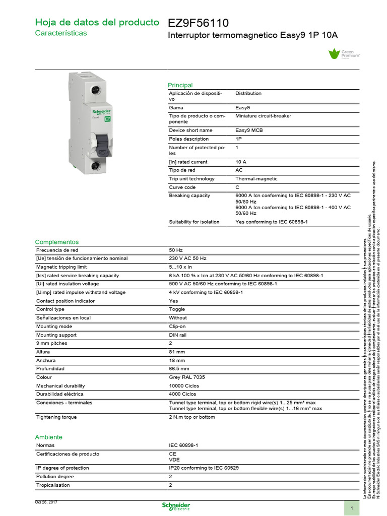 FICHA - Interruptor Termomagnetico Easy9 1P 10A | PDF | Cantidad | Electricidad