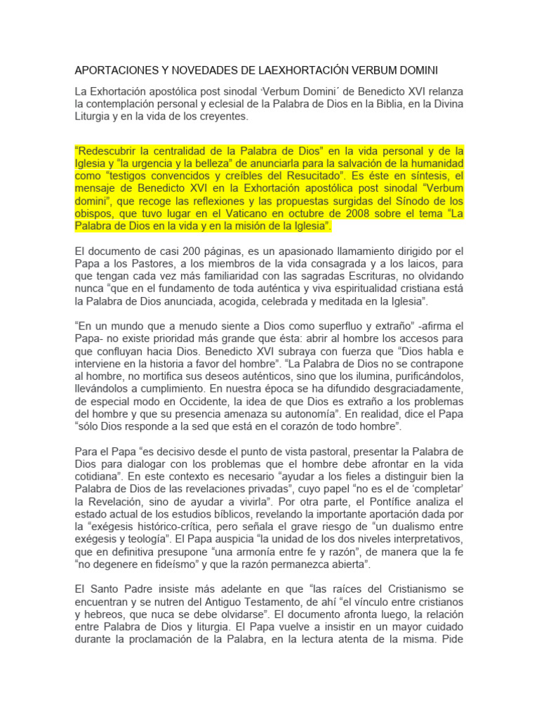 Aportaciones y Novedades de La Exhortación Verbum Domini | PDF | Biblia ...