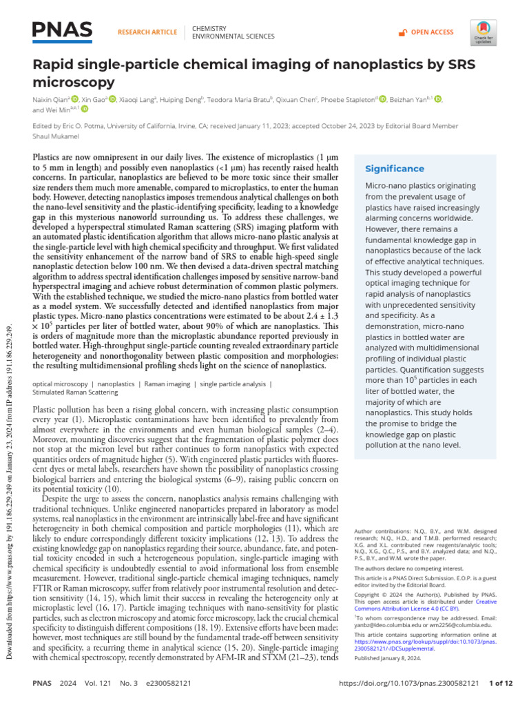 Qian Et Al 2024 Rapid Single Particle Chemical Imaging of Nanoplastics by Srs Micros | PDF ...
