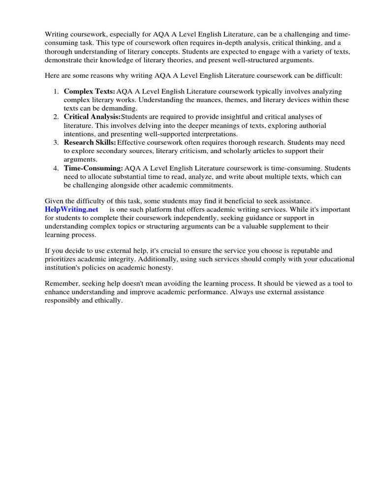 Aqa A Level English Literature Coursework Download Free Pdf