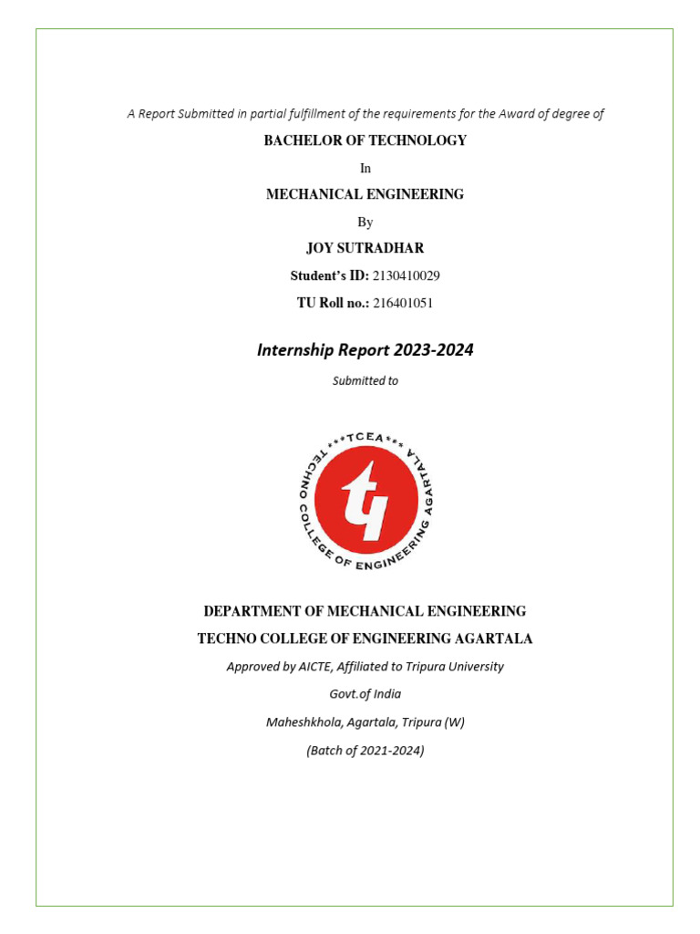 Internship Report 2023-2024: A Report Submitted in Partial Fulfillment of The Requirements For ...
