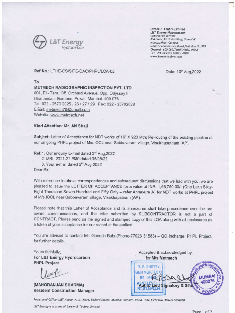 L & T - PHPL Project - Acceptance Copy of LOA | PDF | Economies
