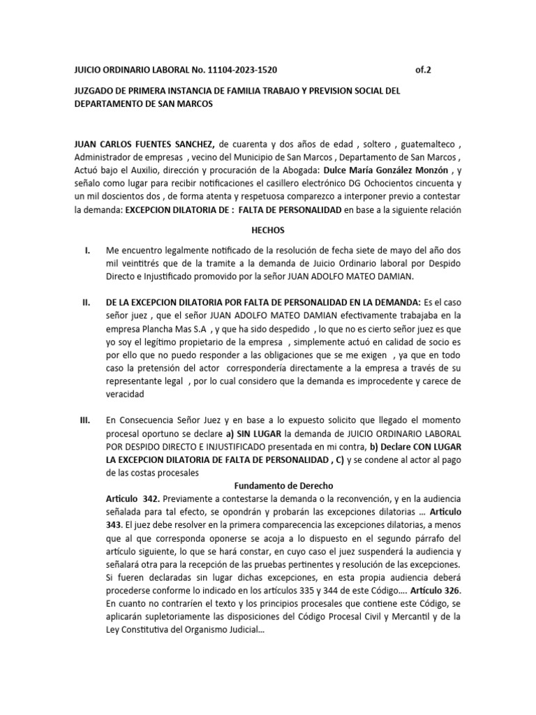 Modelo Excepcion | Descargar gratis PDF | Demanda judicial | Ley procesal